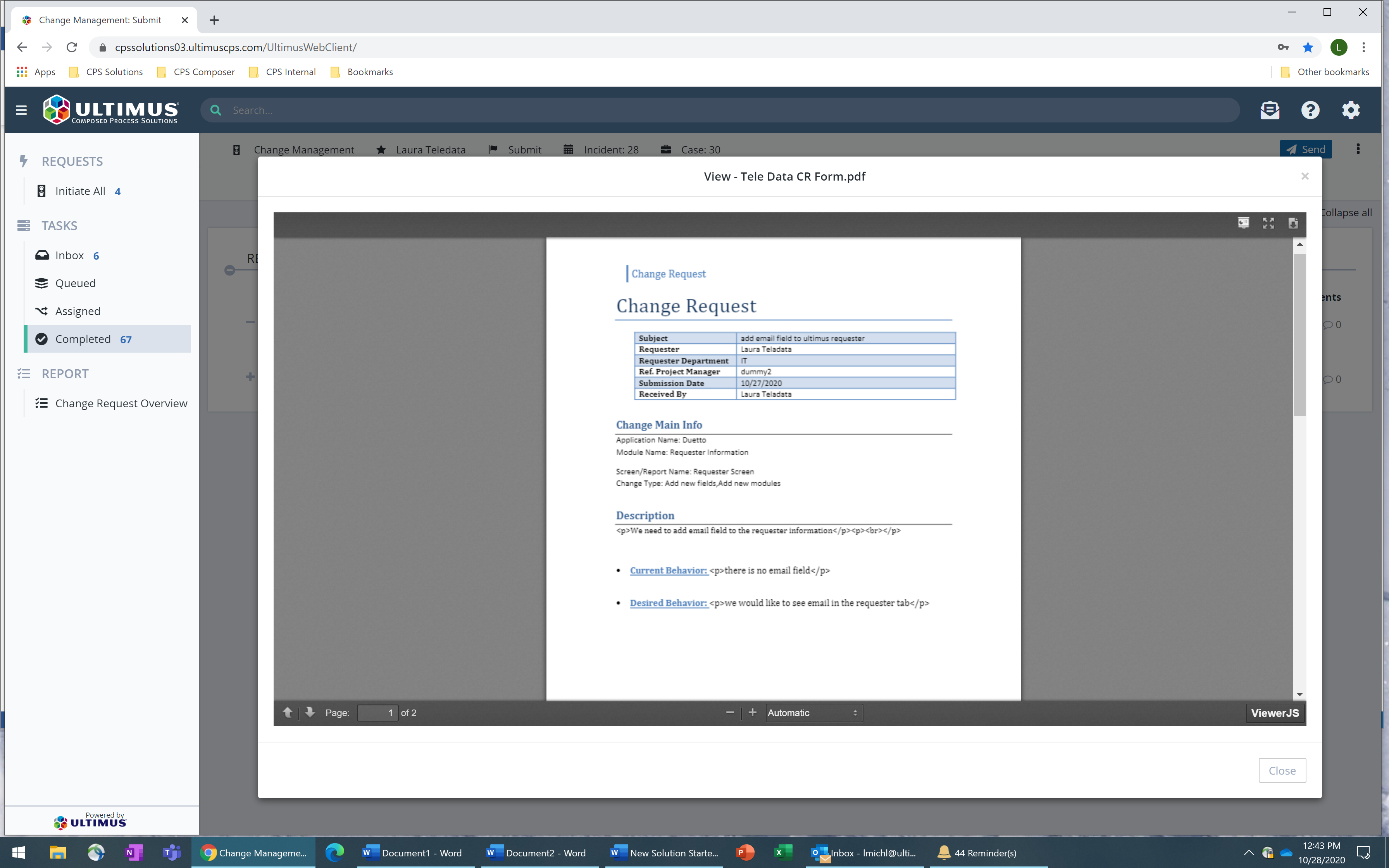 IT Change Request Management | Ultimus Solution Starter Application