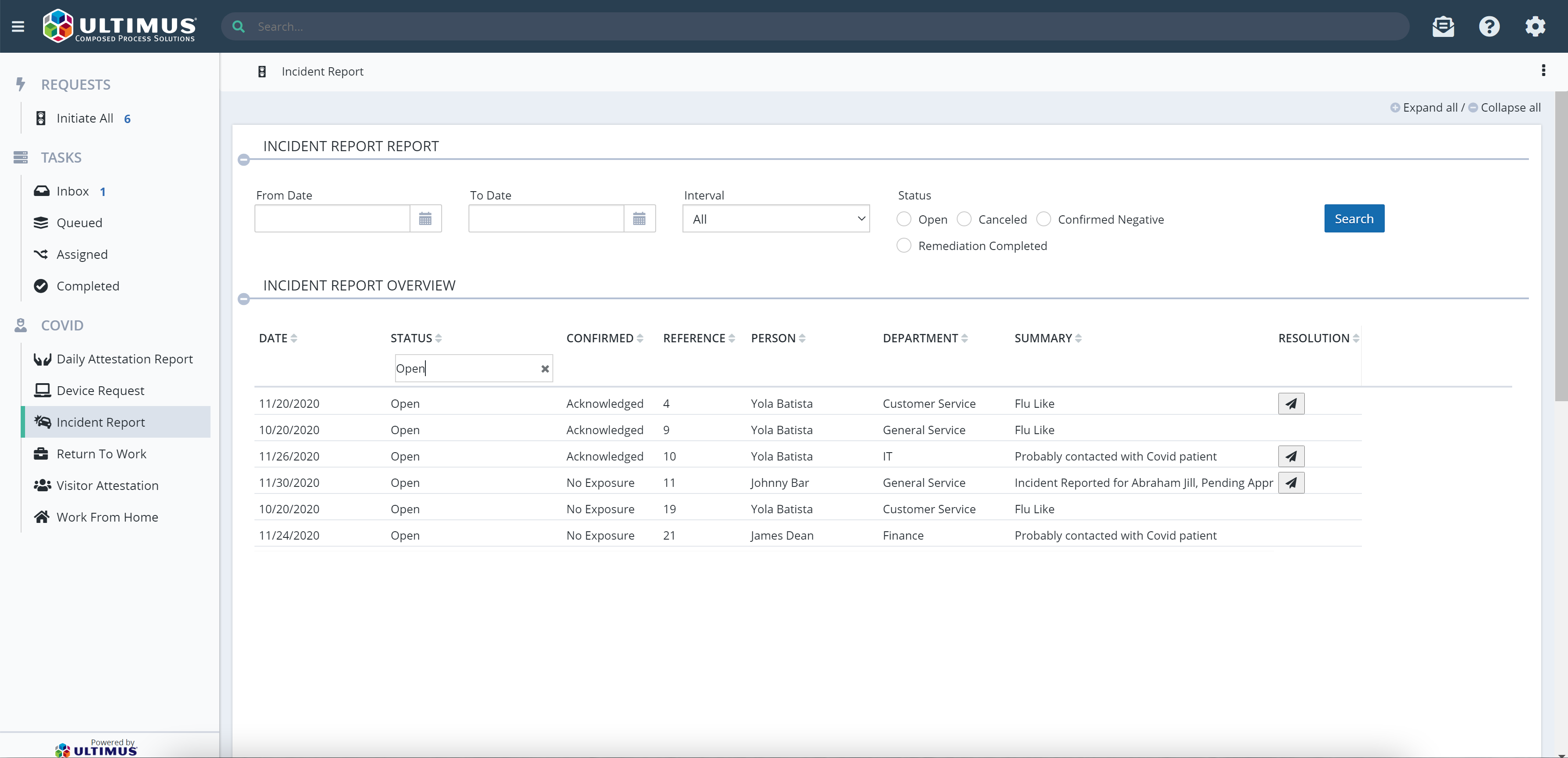 COVID-19 Incident Report | Ultimus Solution Starter Application