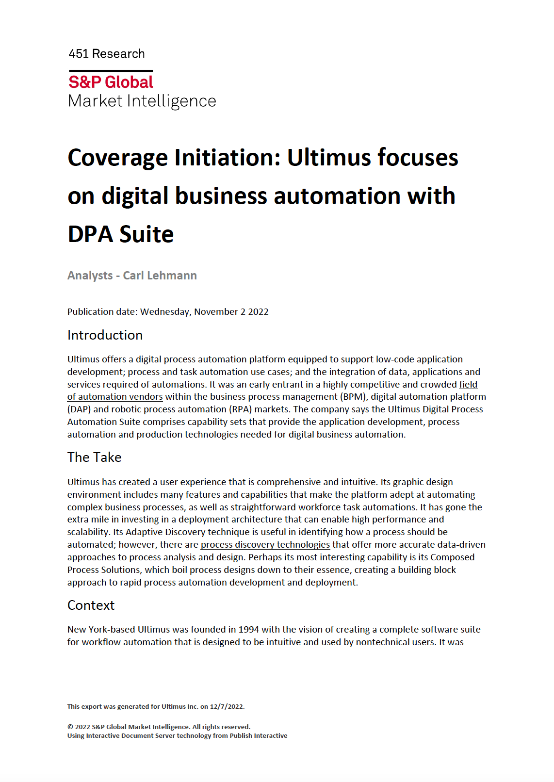 451 Research reports on Ultimus business process automation